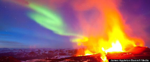 Icelandic Volcano Fimmvörðuháls Erupts During Aurora Borealis
